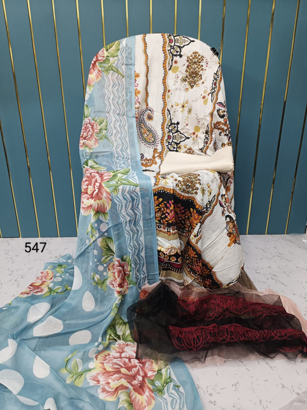 White & Light Blue Printed Cotton Suit with Patch Work & Dupatta ...