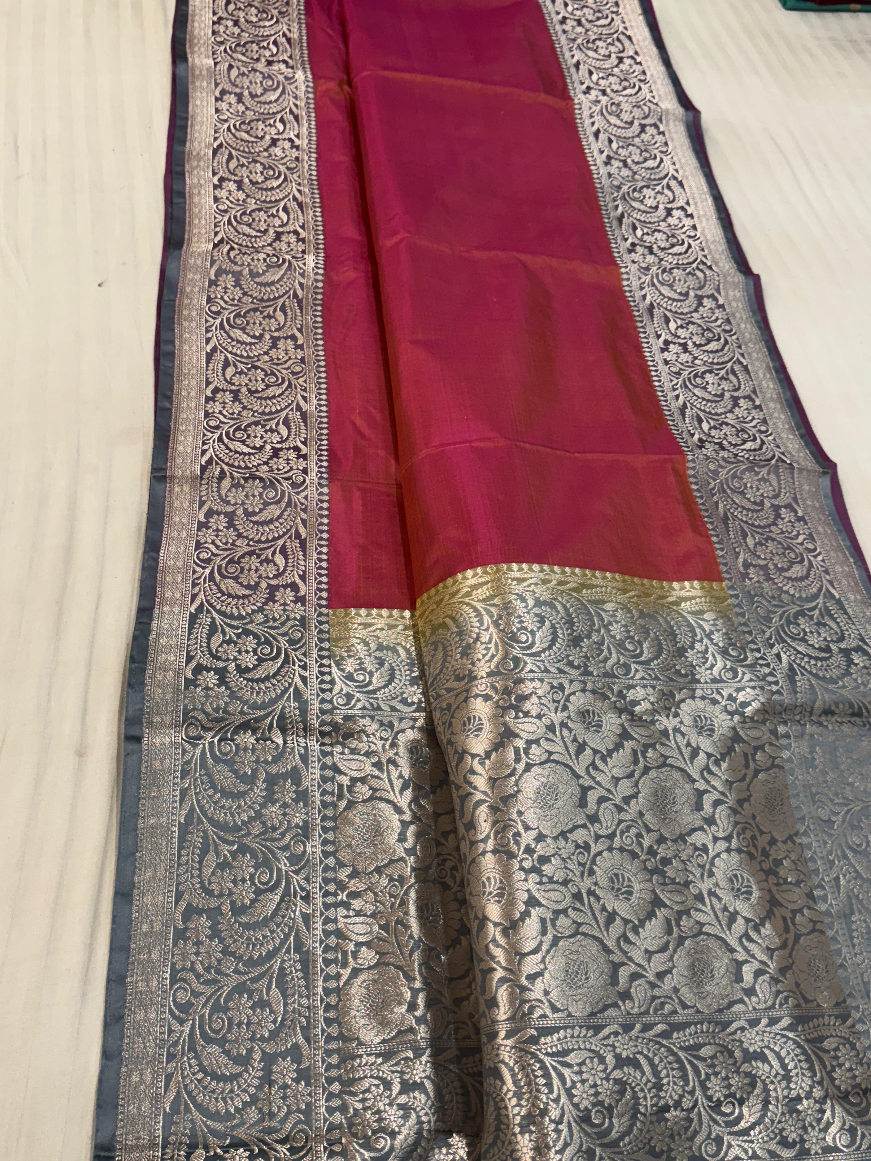 Maroon And Green Gray Pure Raw Mango Handloom Katan Silk Saree - Indian ...