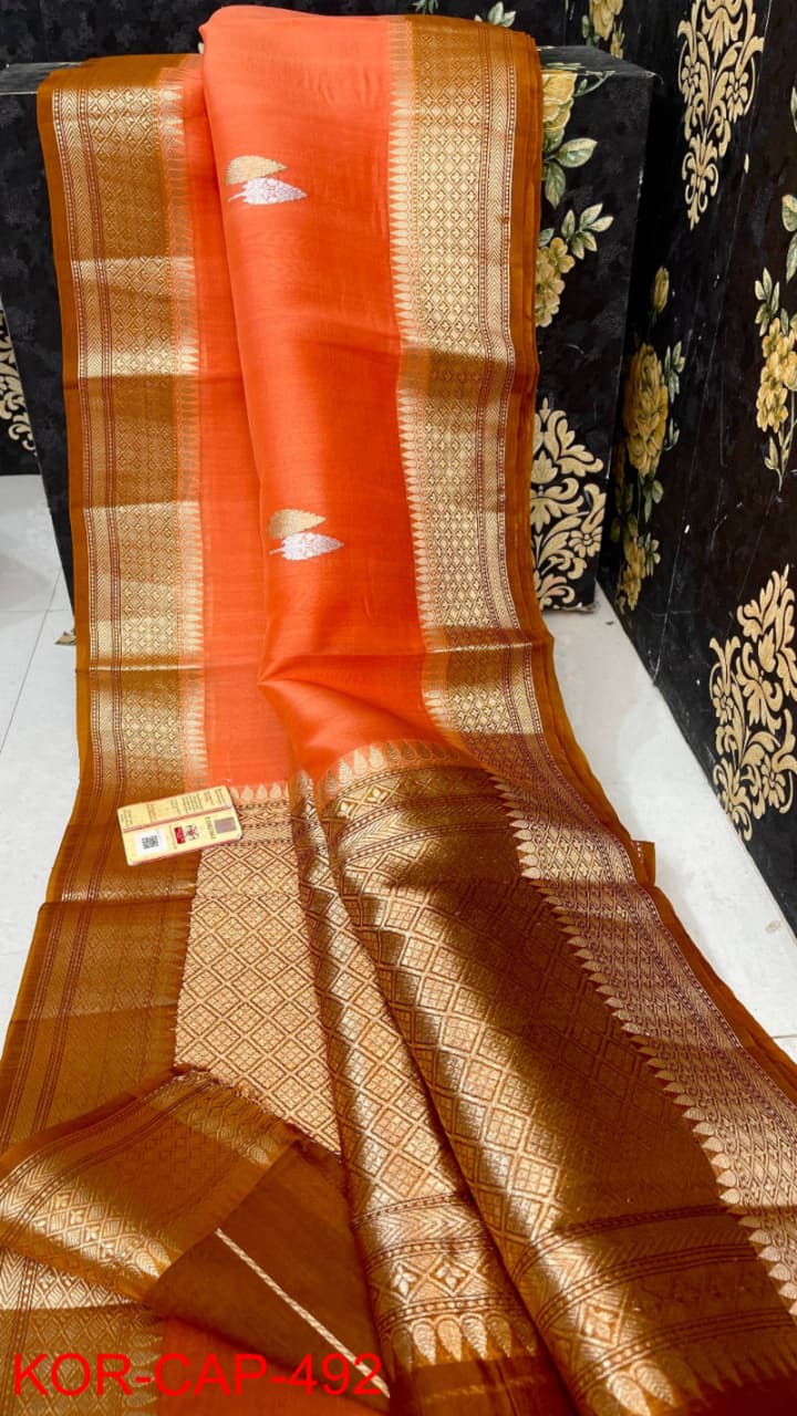 Saffron And Brownish Gold Border Pure Handloom Katan Silk Saree Antique ...