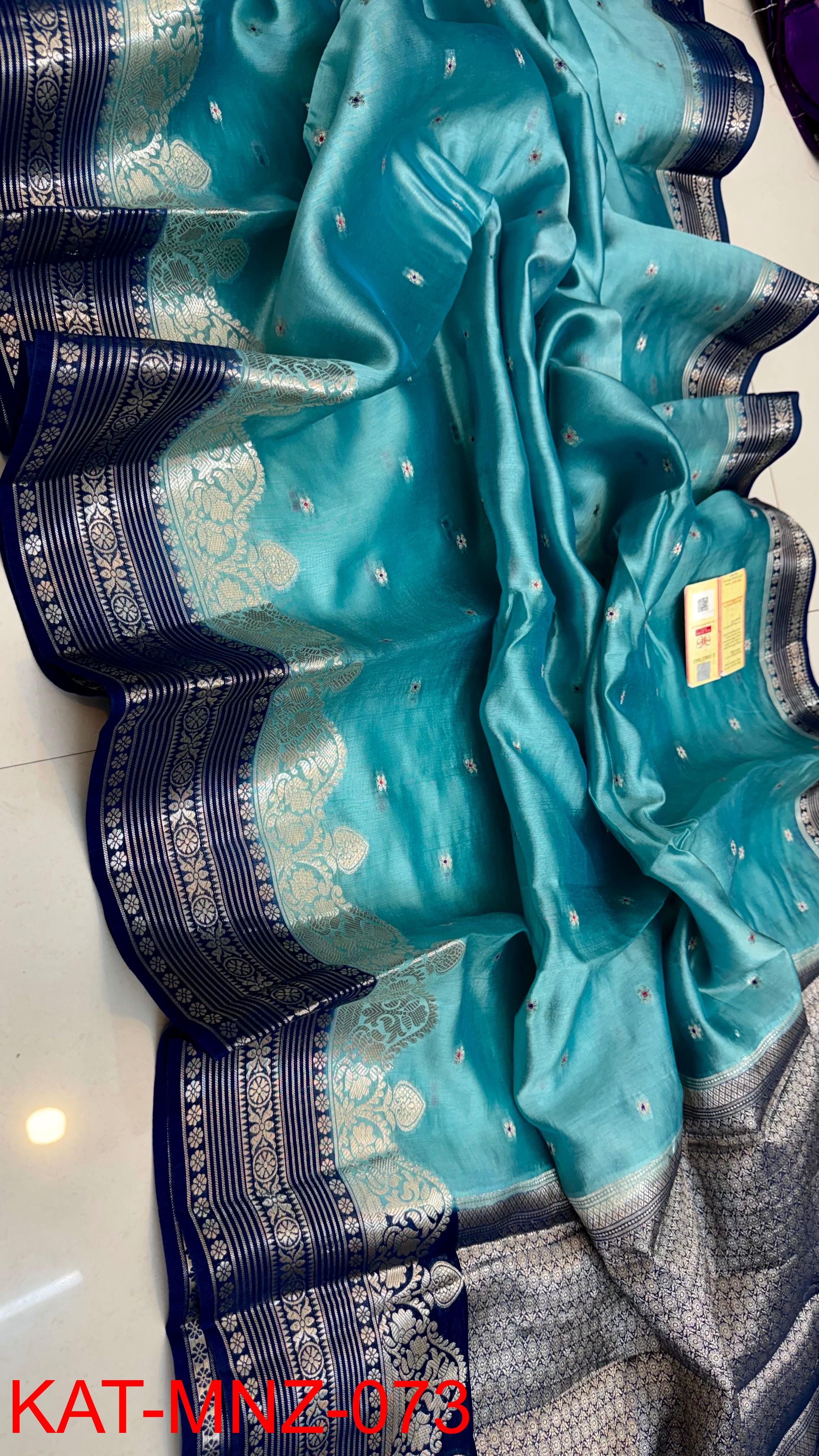 Aqua Blue And Purple Border Pure Raw Mango Silk Saree Elegant Weaving ...
