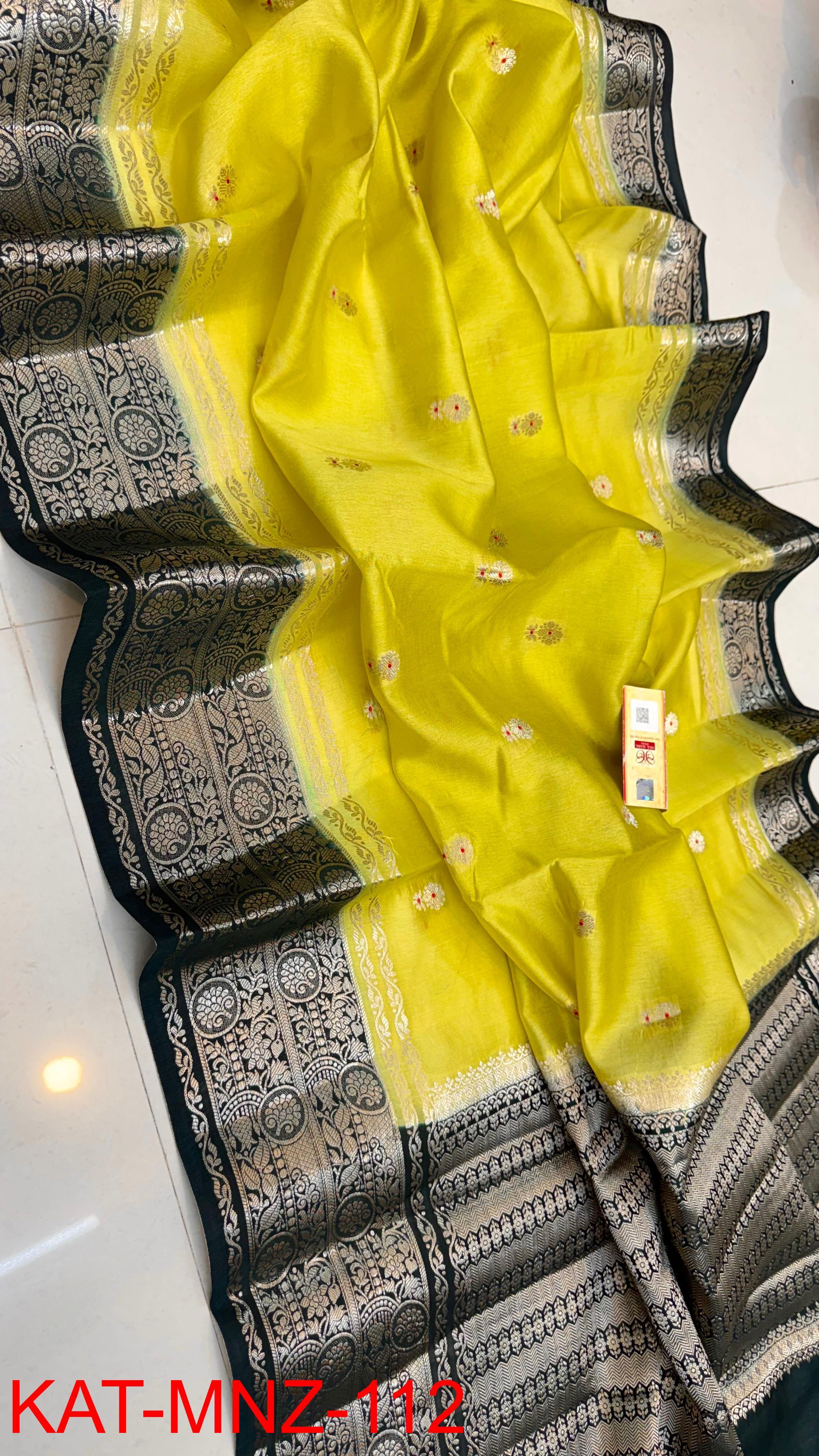 Bright Yellow And Deep Blackish-Green Border MNZ Pure Raw Mango Silk ...