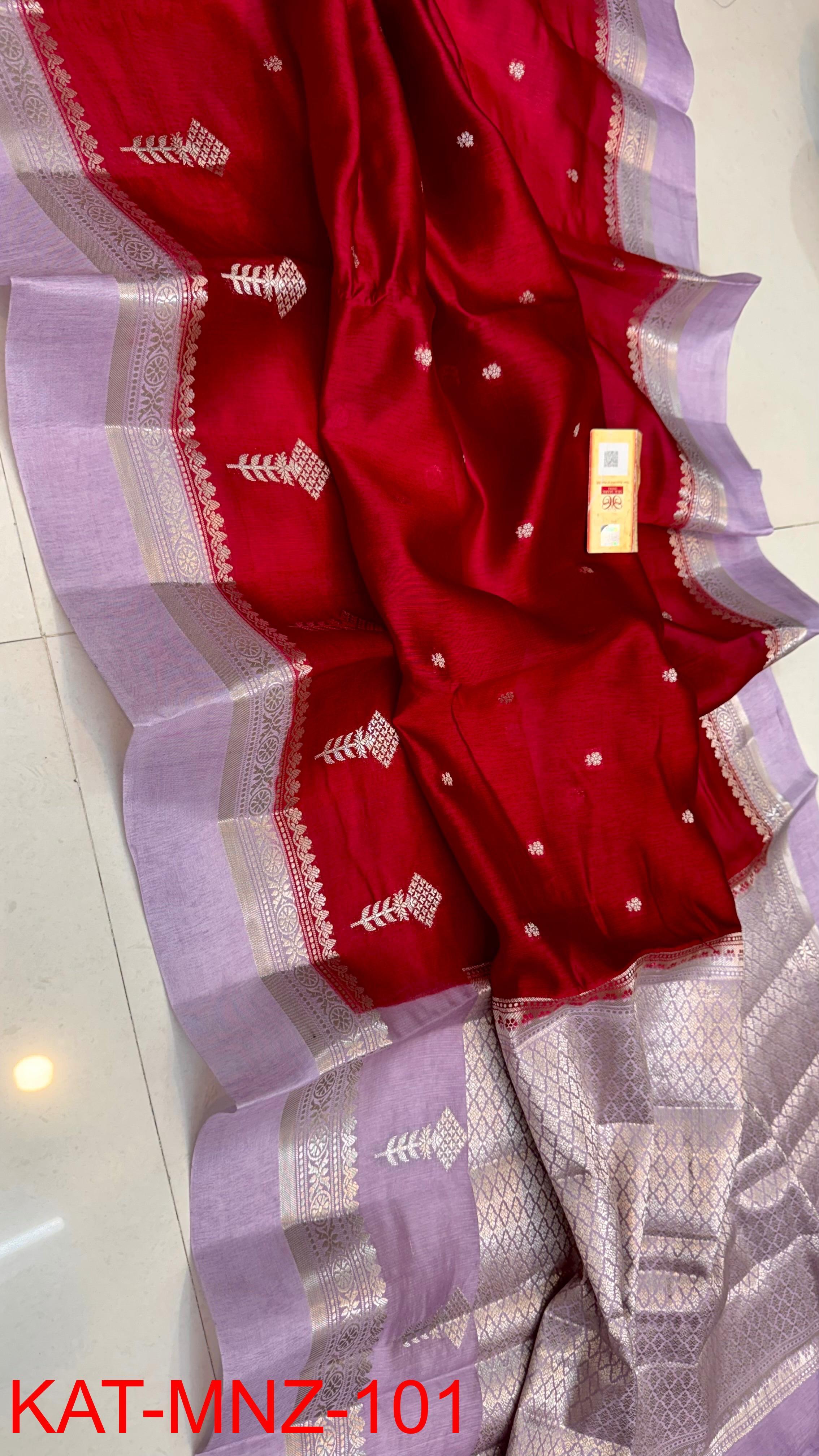 Deep Red And Light Pink Border MNZ Pure Raw Mango Silk Saree with Rich ...
