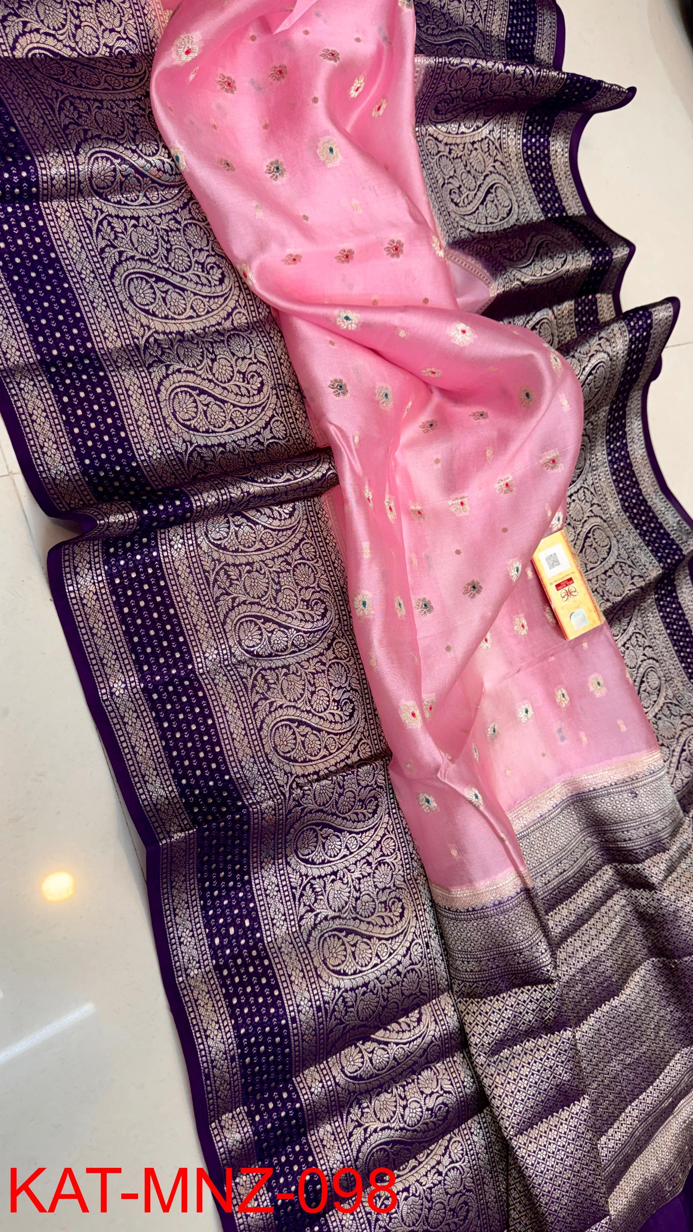 Light Pink And Deep Purple Border MNZ Pure Raw Mango Silk Saree with ...