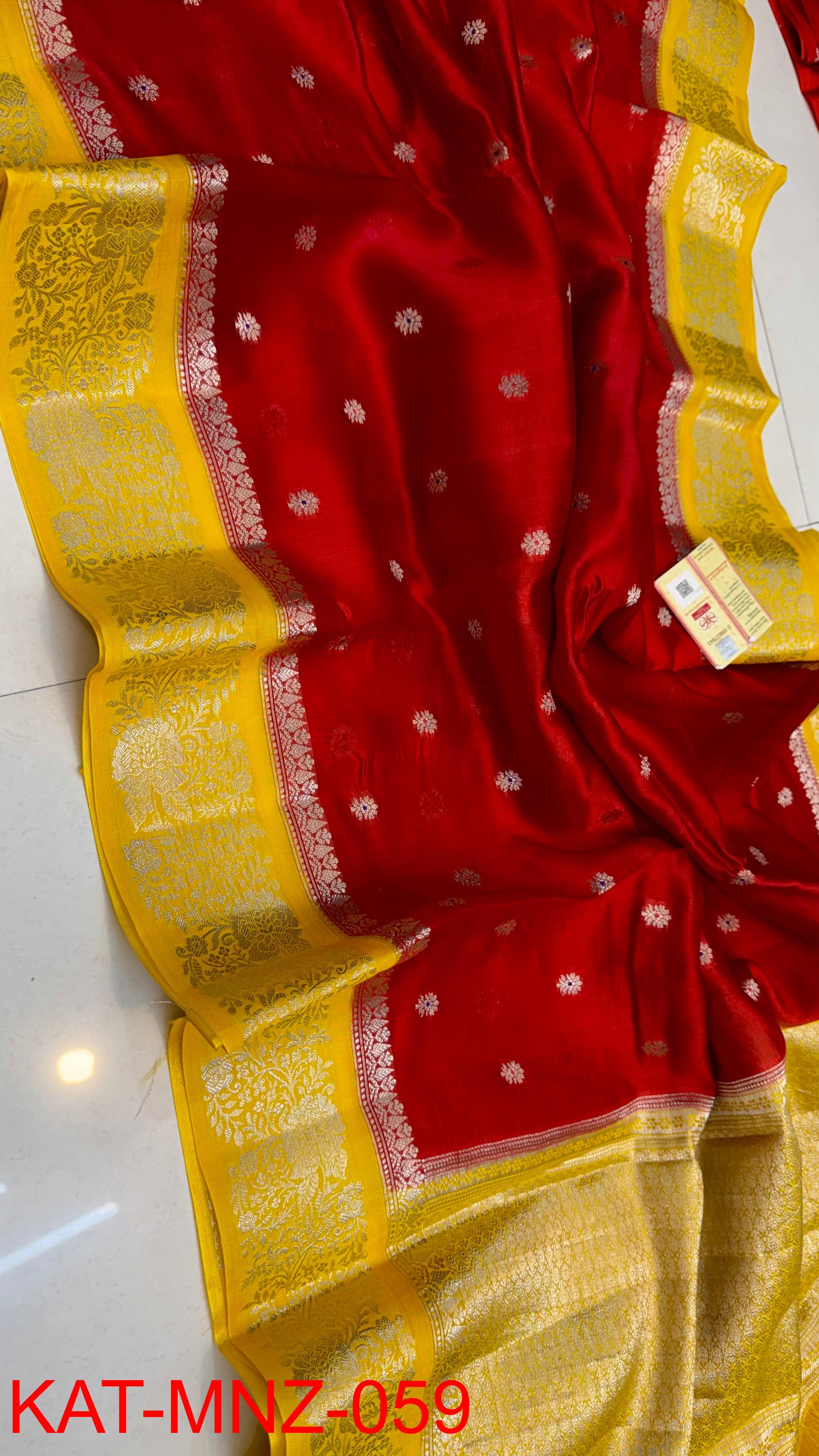 Red And Golden Yellow Border MNZ Pure Raw Mango Silk Saree with Rich ...