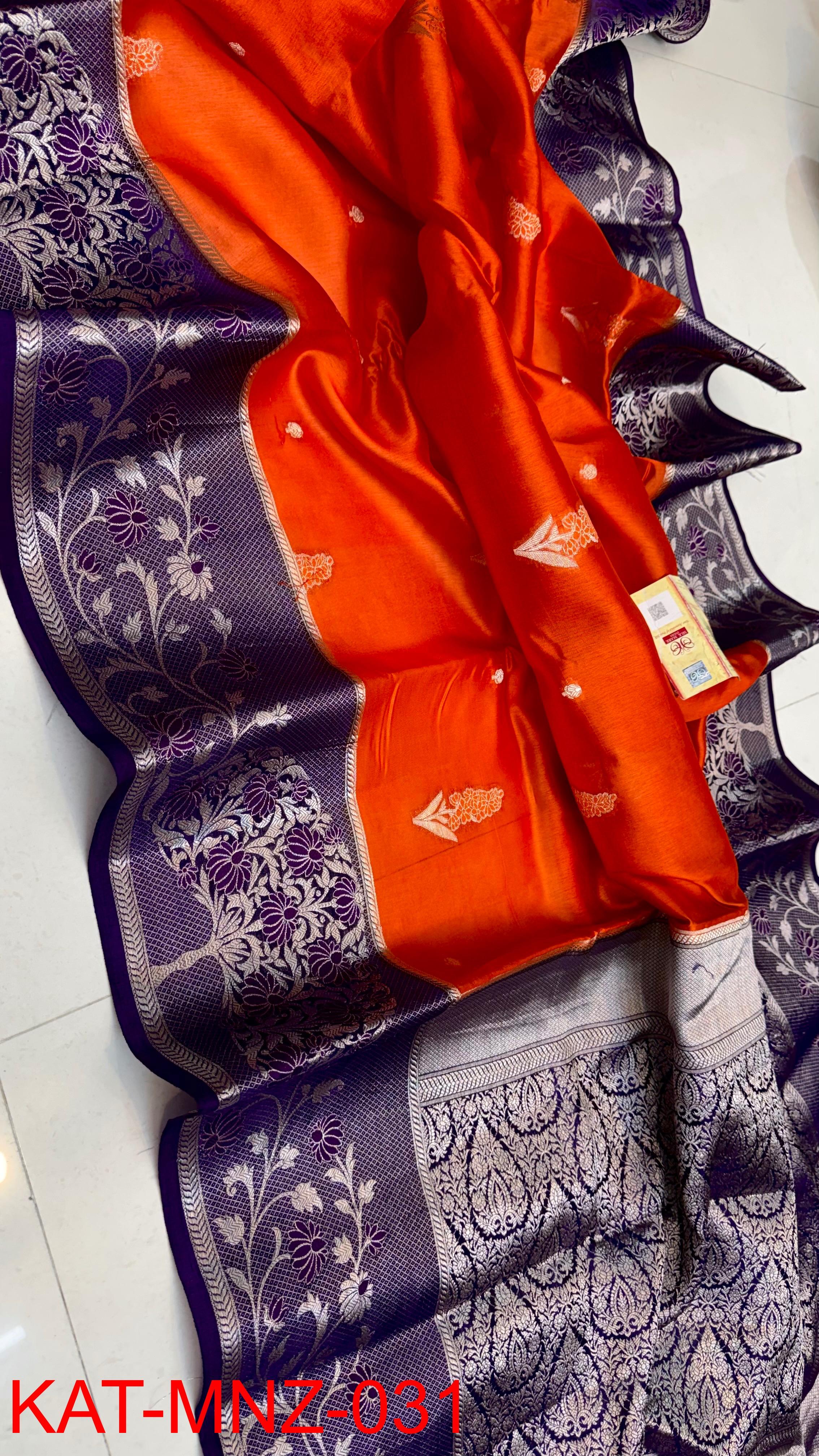 Bright Orange And Deep Purple Border MNZ Pure Raw Mango Silk Saree with ...