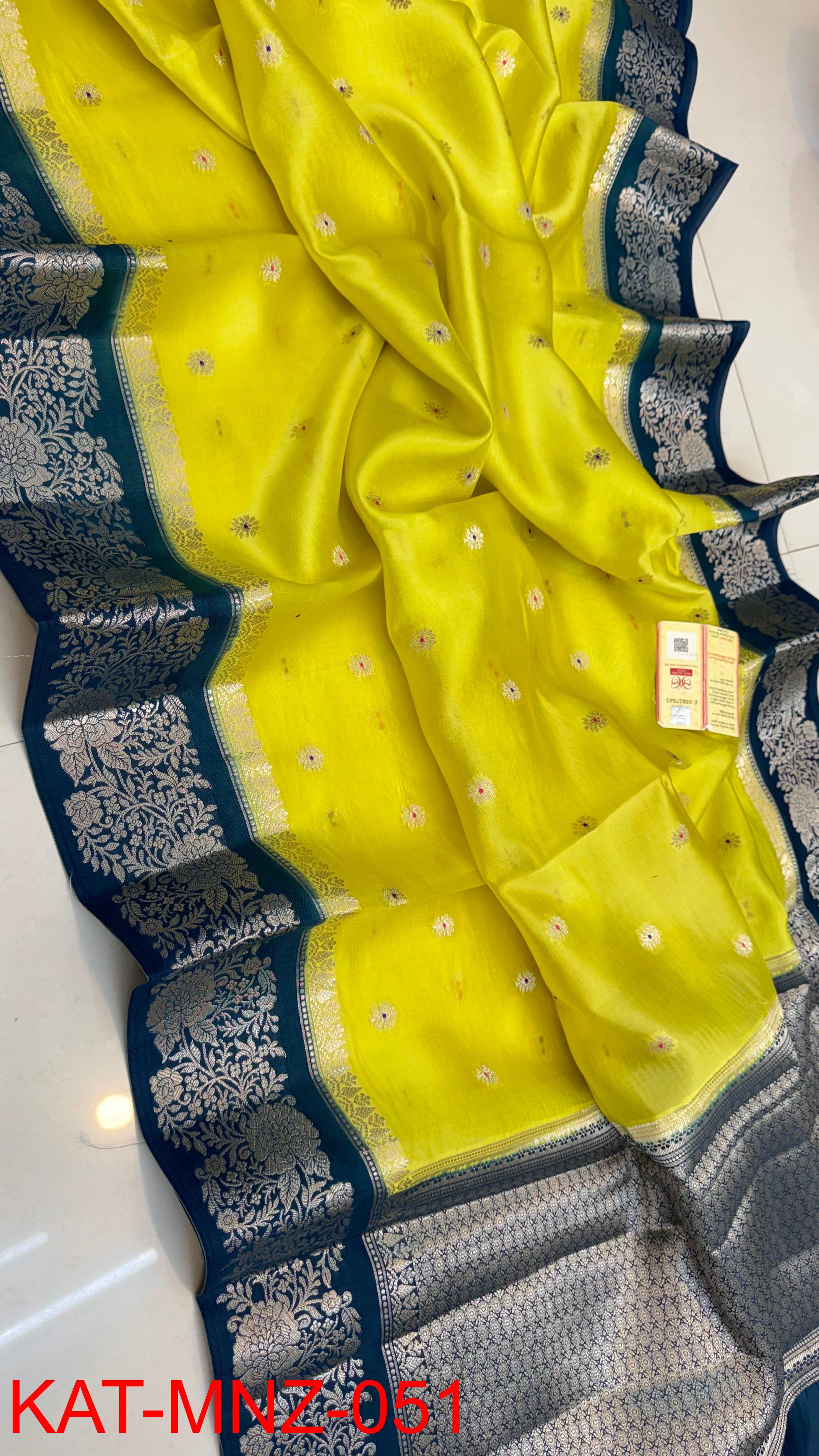 Lemon Yellow And Deep Blue Border MNZ Pure Raw Mango Silk Saree with ...