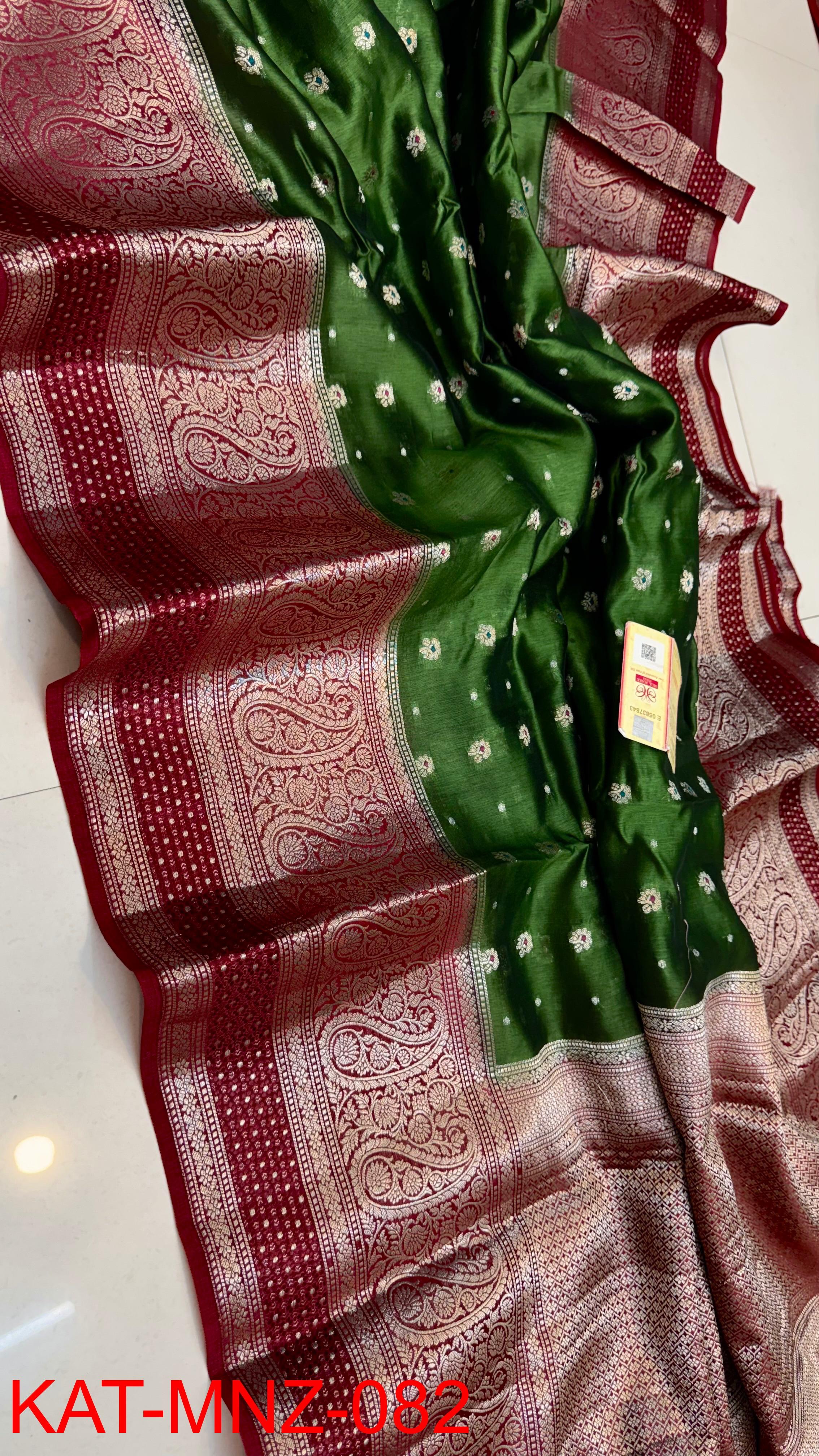Deep Green And Maroon Border MNZ Pure Raw Mango Silk Saree with Rich ...
