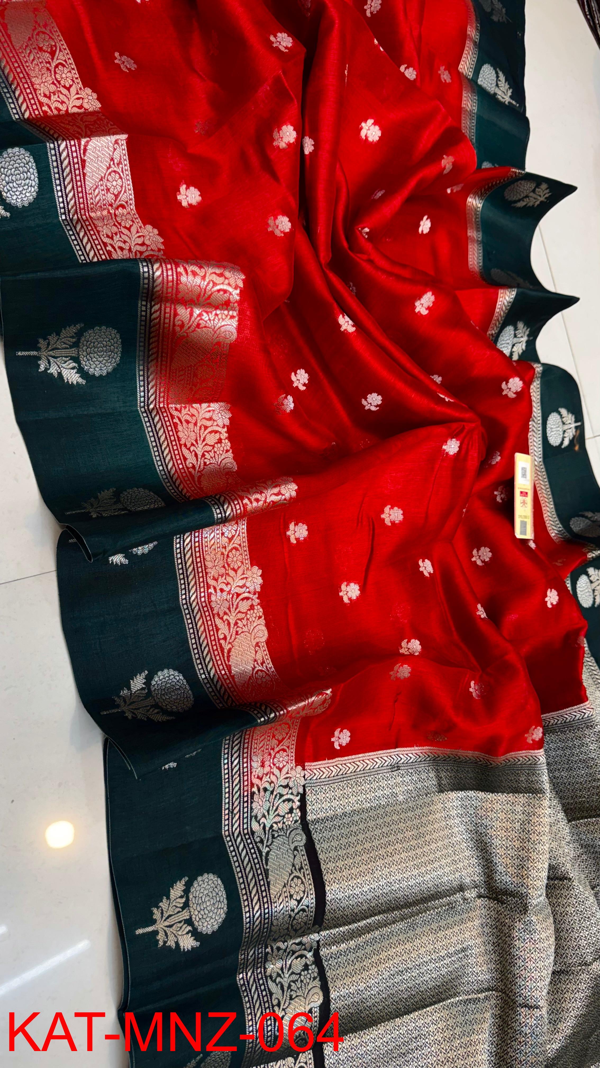 Deep Red And Deep Green Brown Border MNZ Pure Raw Mango Silk Saree with ...