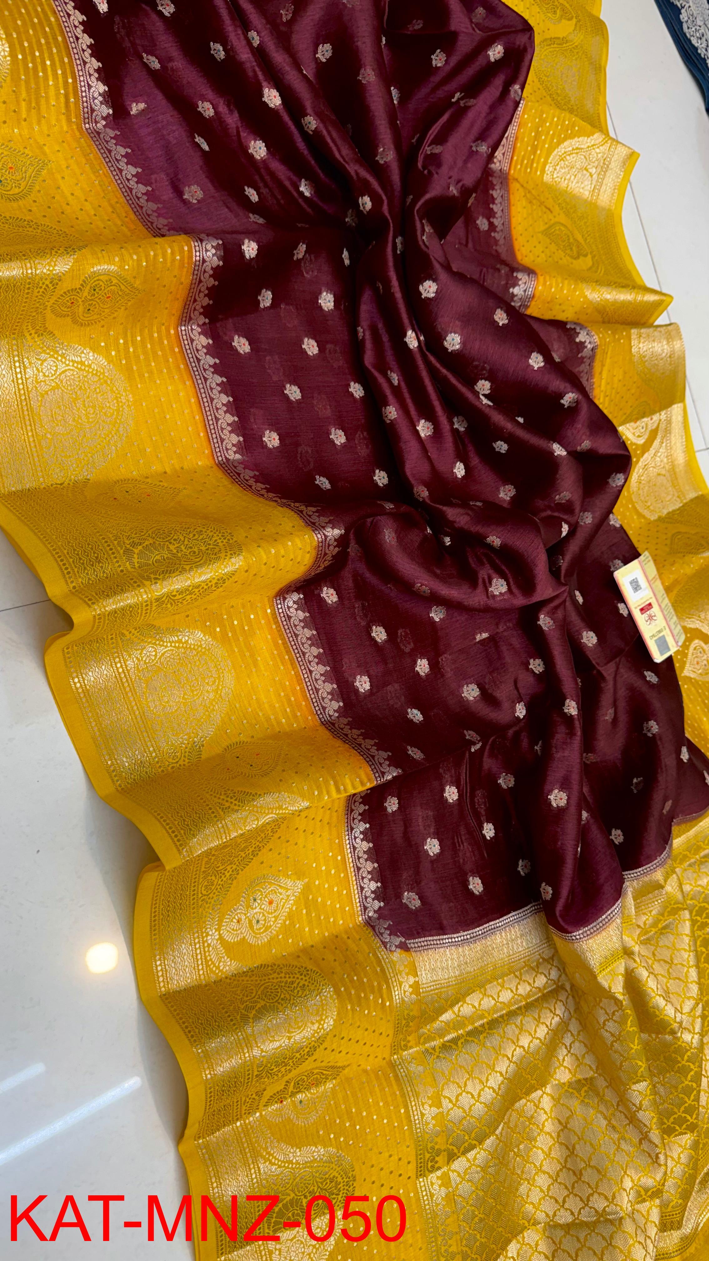 Deep Maroon And Bright Yellow Border MNZ Pure Raw Mango Silk Saree with ...