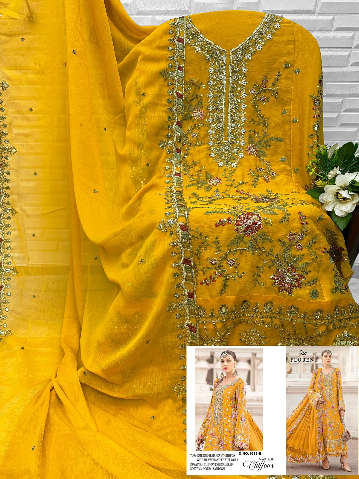 Yellow Heavy Embroidered Dinting Chiffon Suit Set with Hand Khatli Work ...