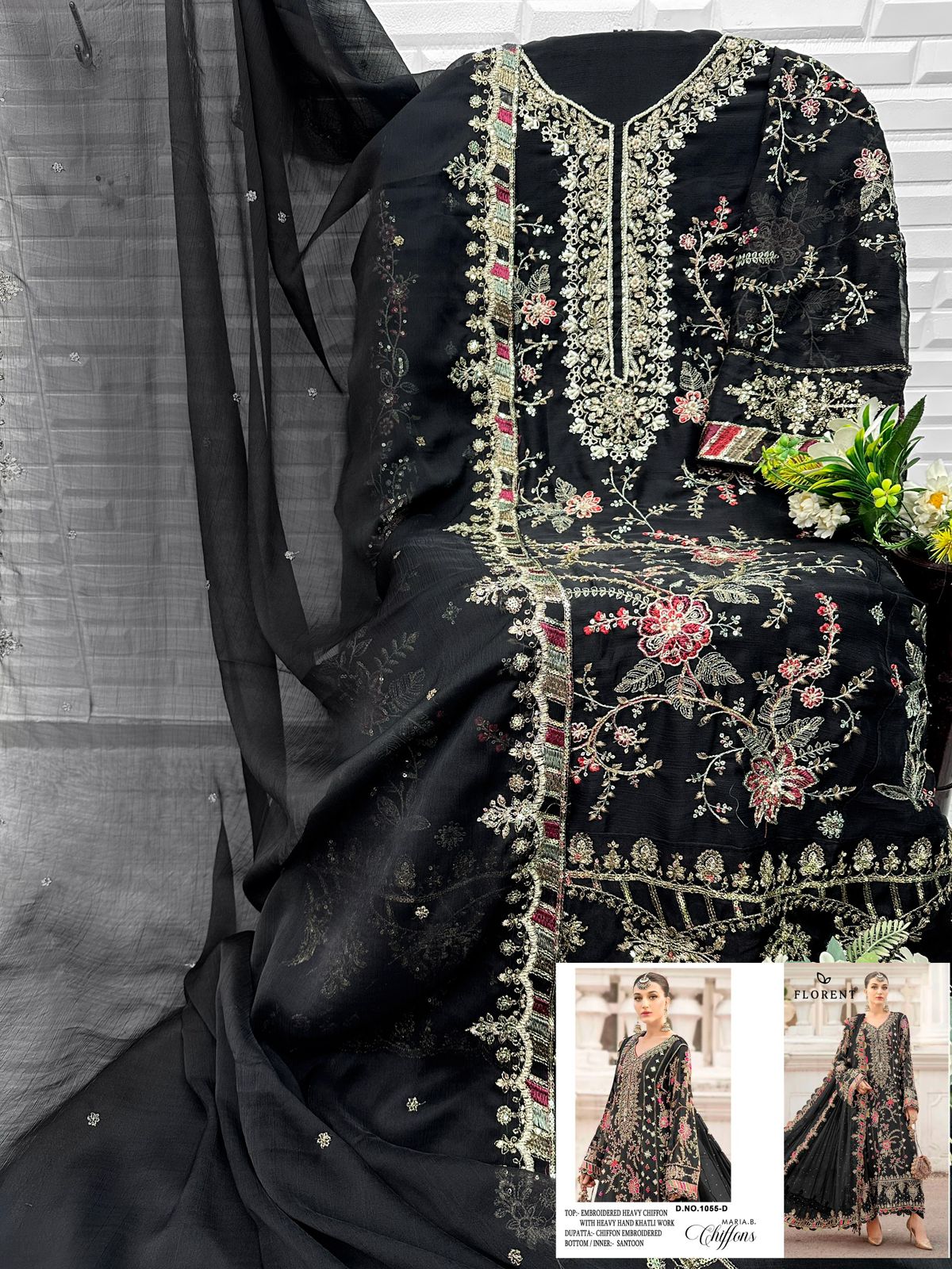 Black Heavy Embroidered Dinting Chiffon Suit Set with Hand Khatli Work ...